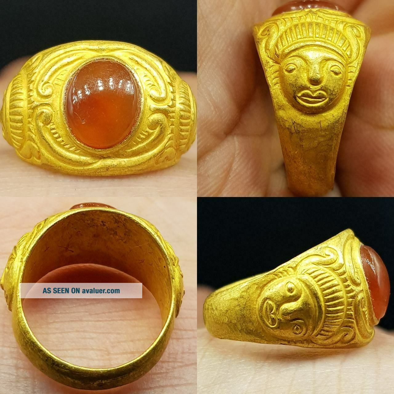 Old Roman Agate Stone 22k Karat Gold Ring With Faces 4 | #98894