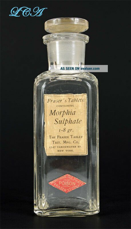 Antique FRASER Morphia Sulphate MORPHINE PILL Bottle W/ GLASS STOPPER ...