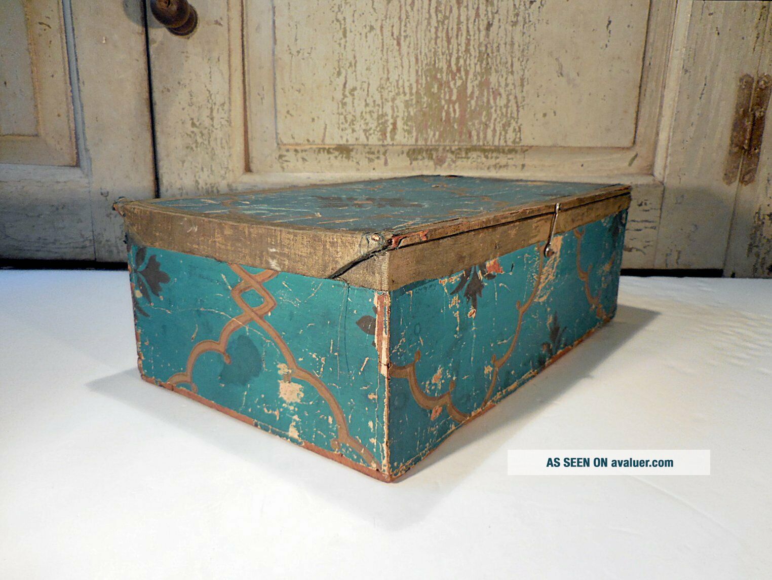 AAFA Primitive Blue Wallpaper Box Antique Wallpaper Covered Wooden ...