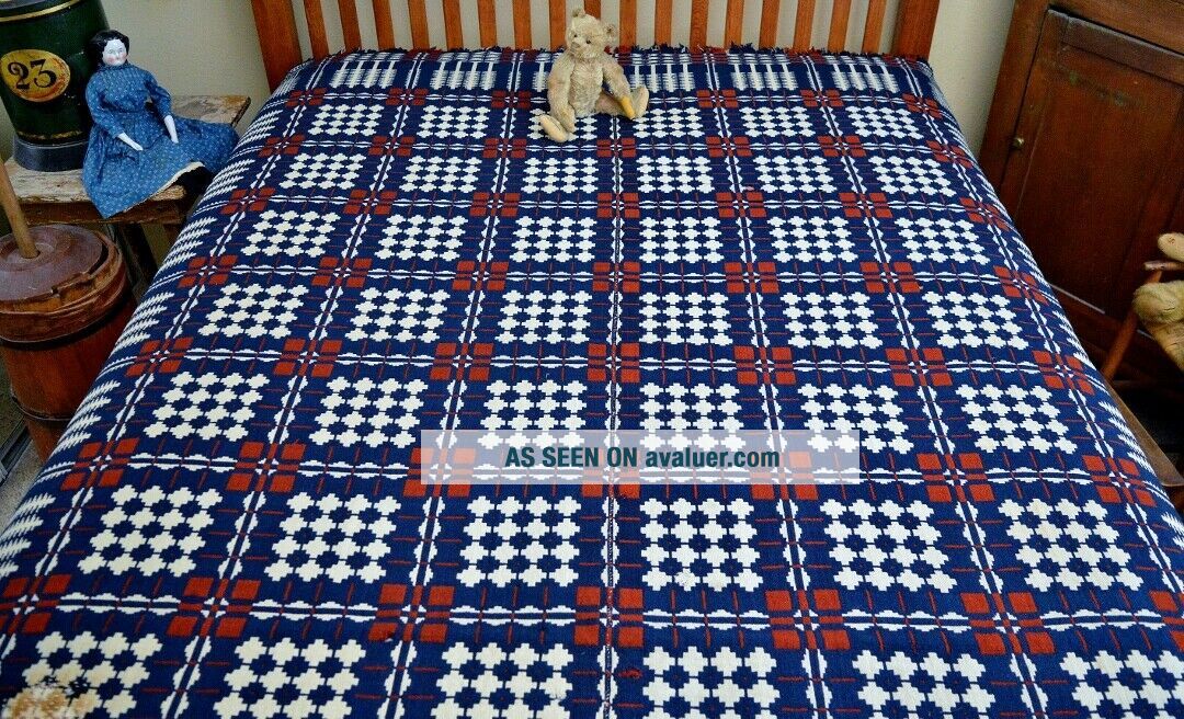 Antique 1800s Patriotic Two Panel Coverlet With Pine Tree Borders | #162908