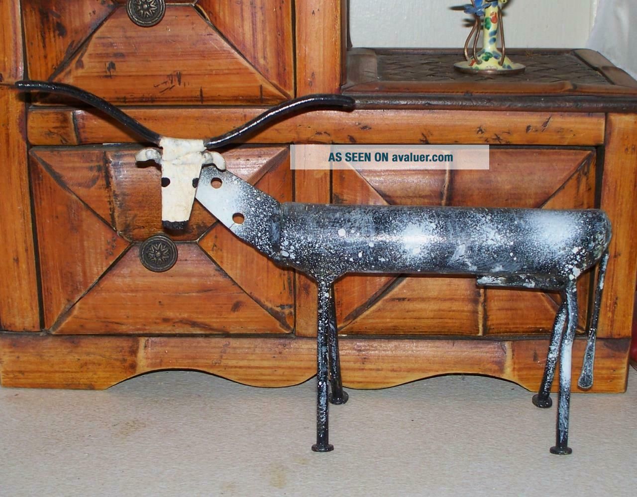 Antique/Vintage Folk Art Hand Made Primitive Metal Long Horn Cow Statue ...