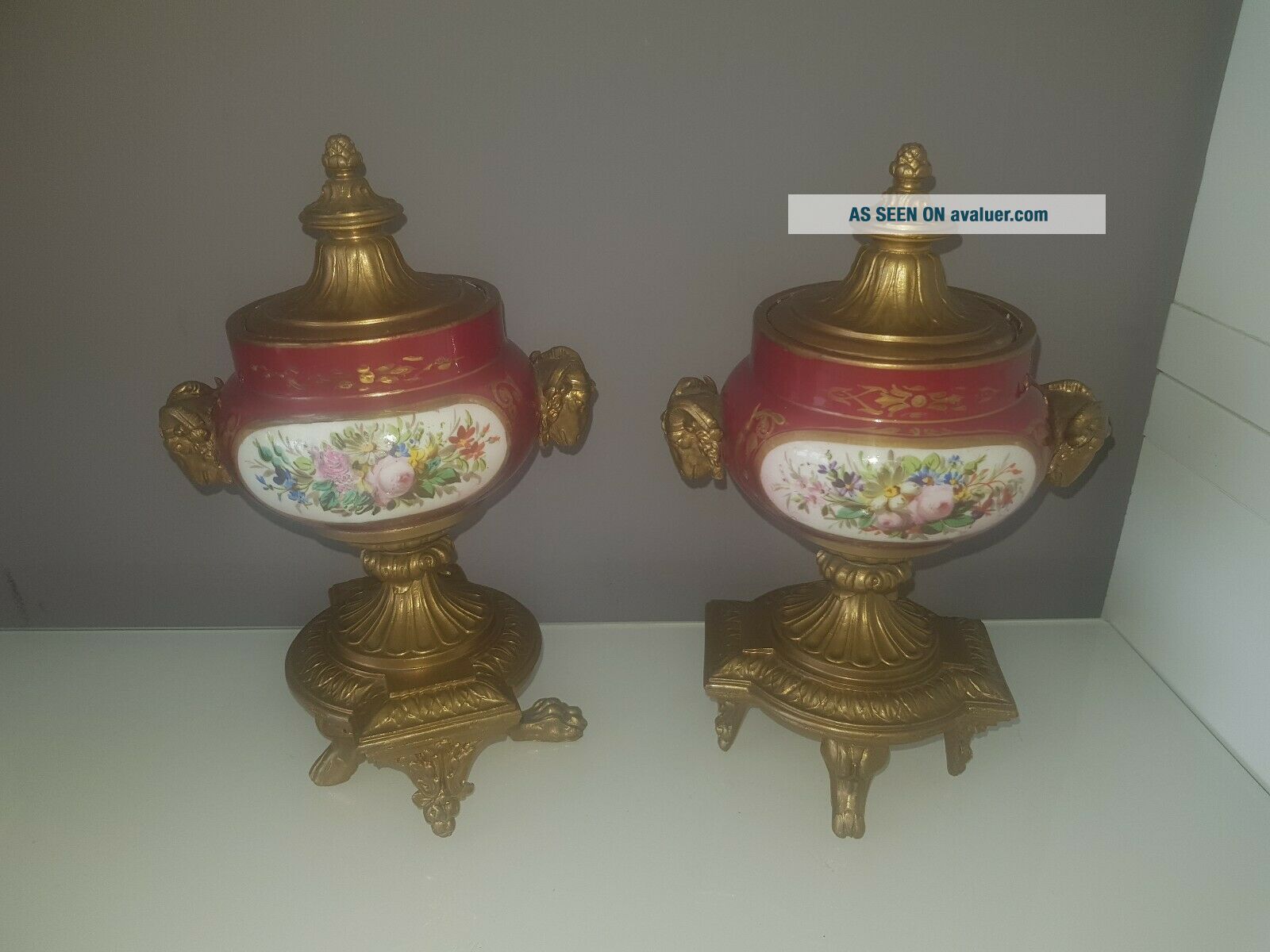 ANTIQUE P. H. MOUREY VERY RARE GILDED BRONZE AND CERAMIC FRENCH URNS ...