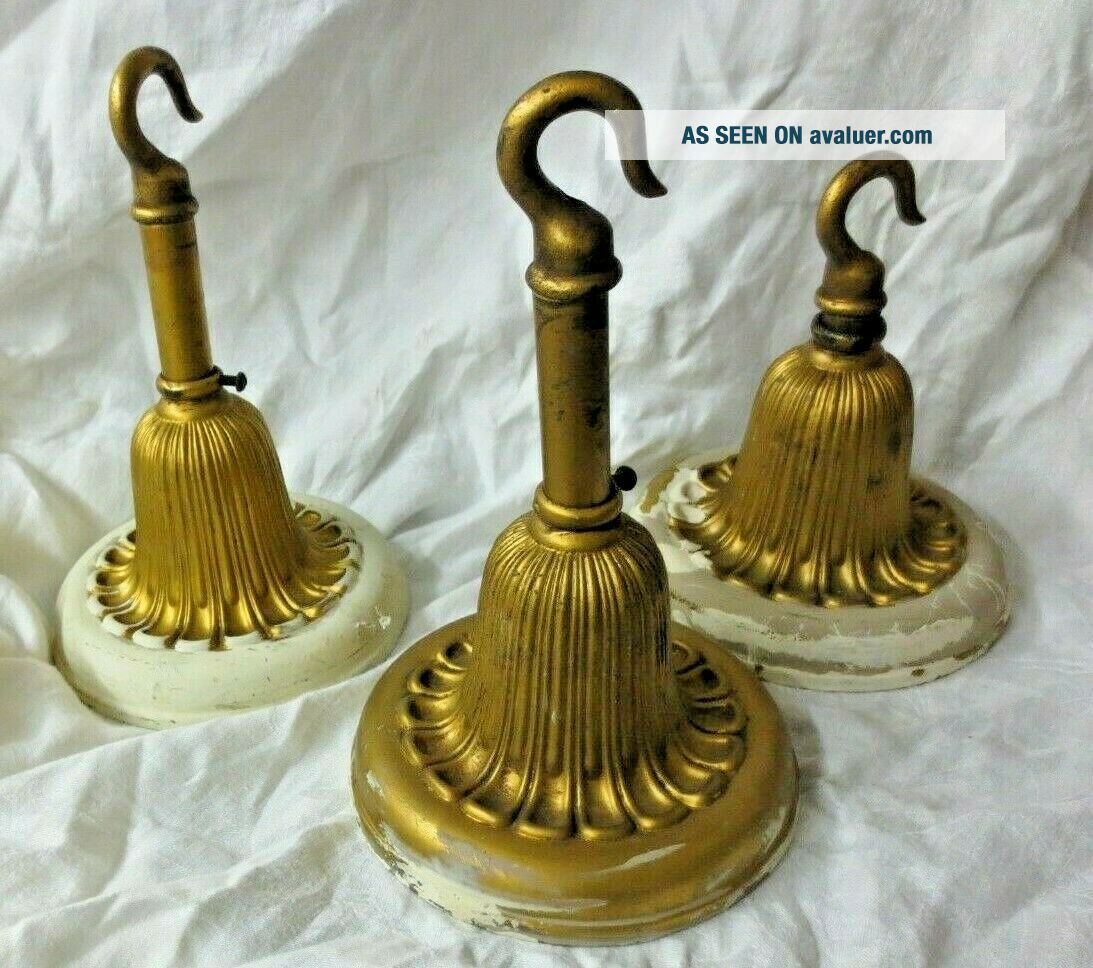 3 Antique COMPLETE HOOK Brass Chandelier Canopy Ceiling Cap Mount Gas ...
