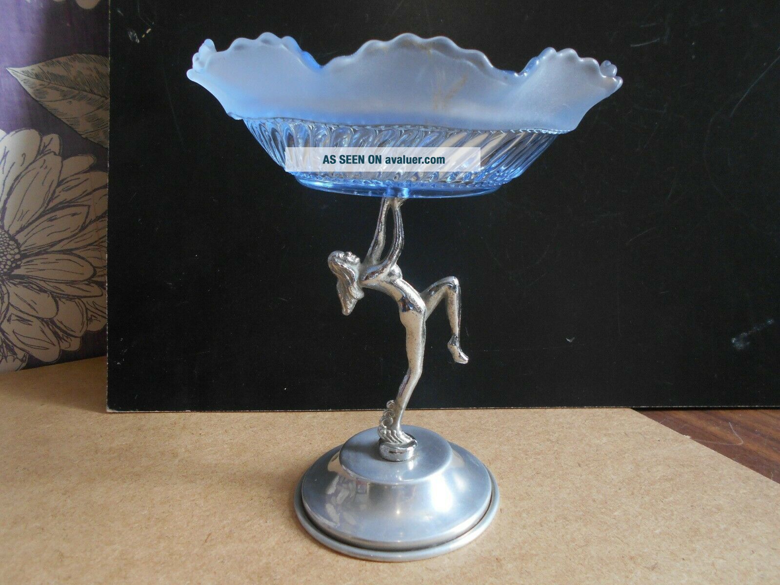 ART DECO BLUE GLASS BON BON DISH WITH NUDE CHROMED DANCING LADY STAND ...