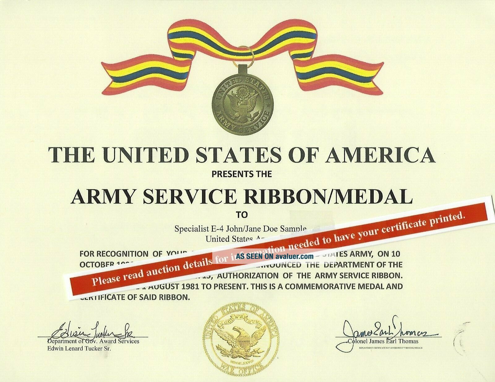 U. S. Army Service Medal Replacement Certificate | #257836