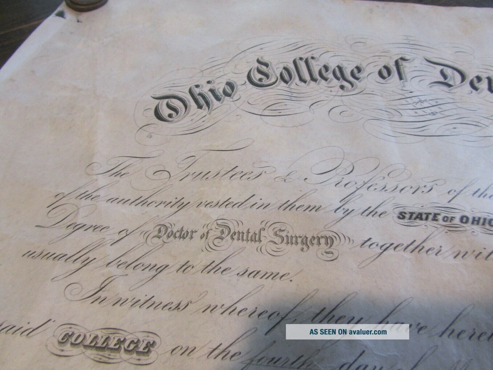 1869 Doctor Dental Surgery Diploma OHIO COLLEGE Doctorate Rare SIGNED ...