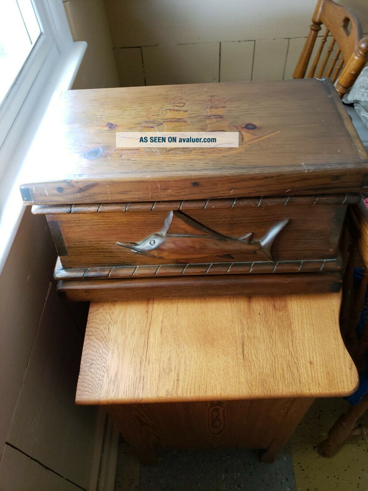 Flying Cloud Sail Fish Vintage Antique Carved Wooden Box | #286090