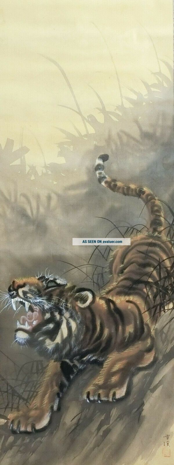 I621: Japanese Hanging Scroll. Tiger With Good Painting By Suikei Sato ...