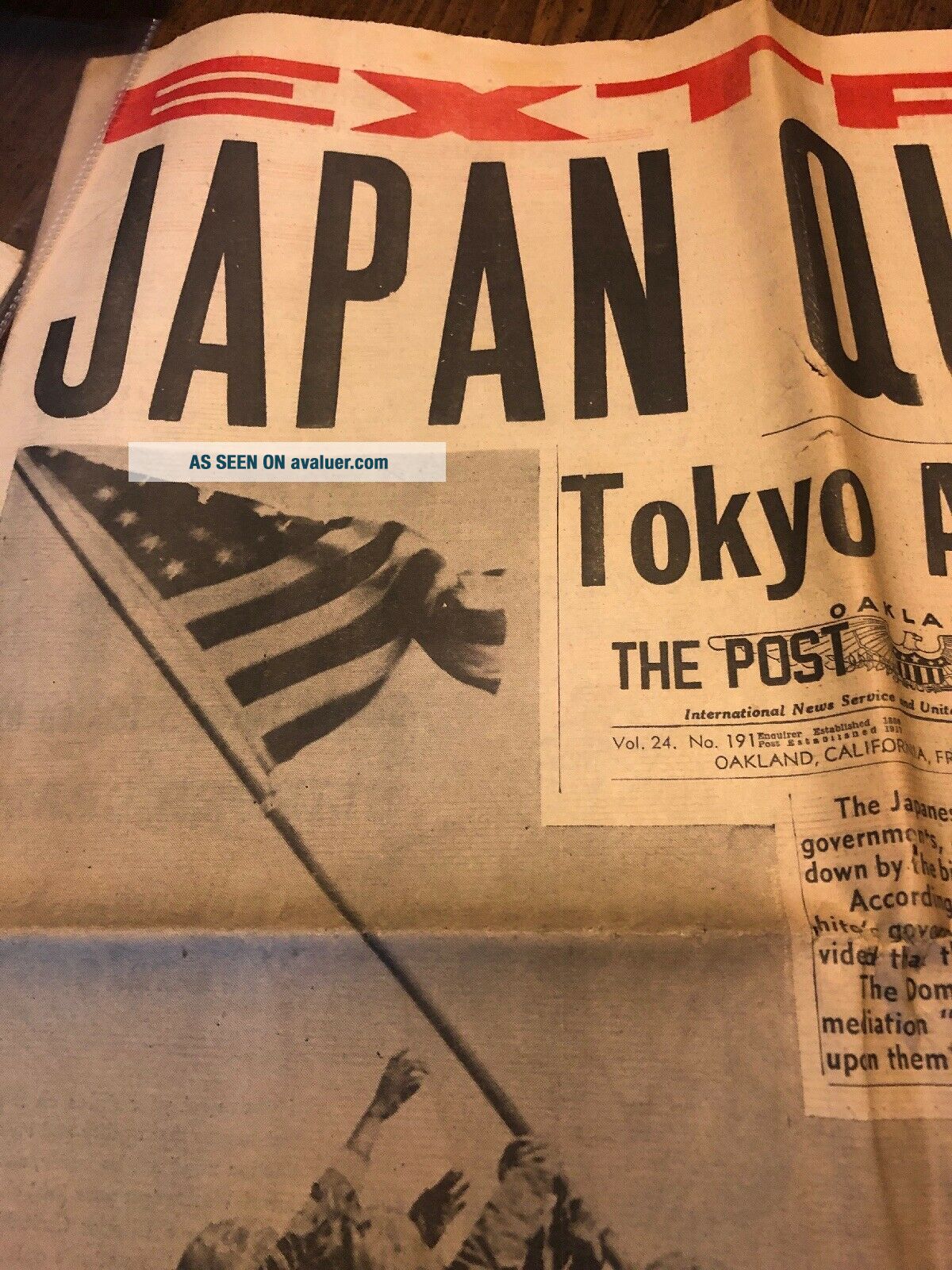 WW II Newspaper IWO JIMA Flag Raising JAPAN QUITS August 10, 1945 | #342342