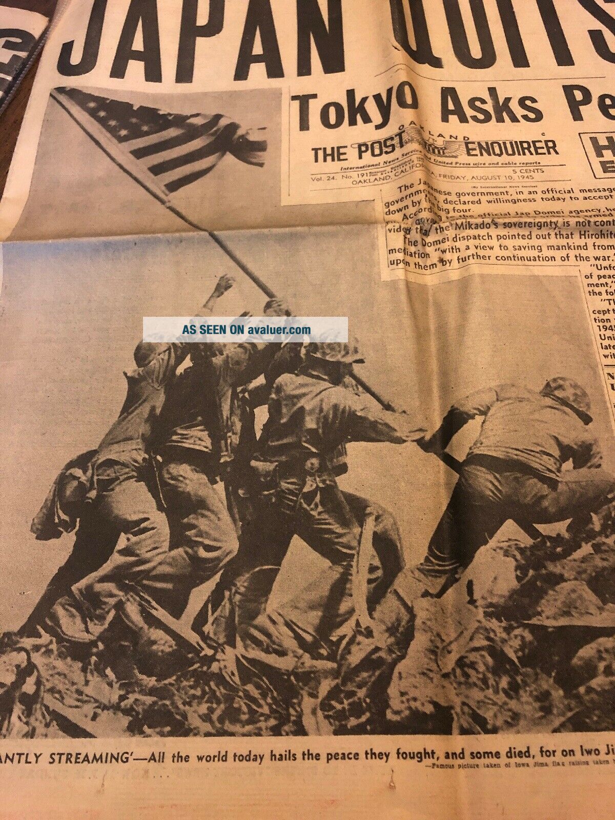 WW II Newspaper IWO JIMA Flag Raising JAPAN QUITS August 10, 1945 | #342342