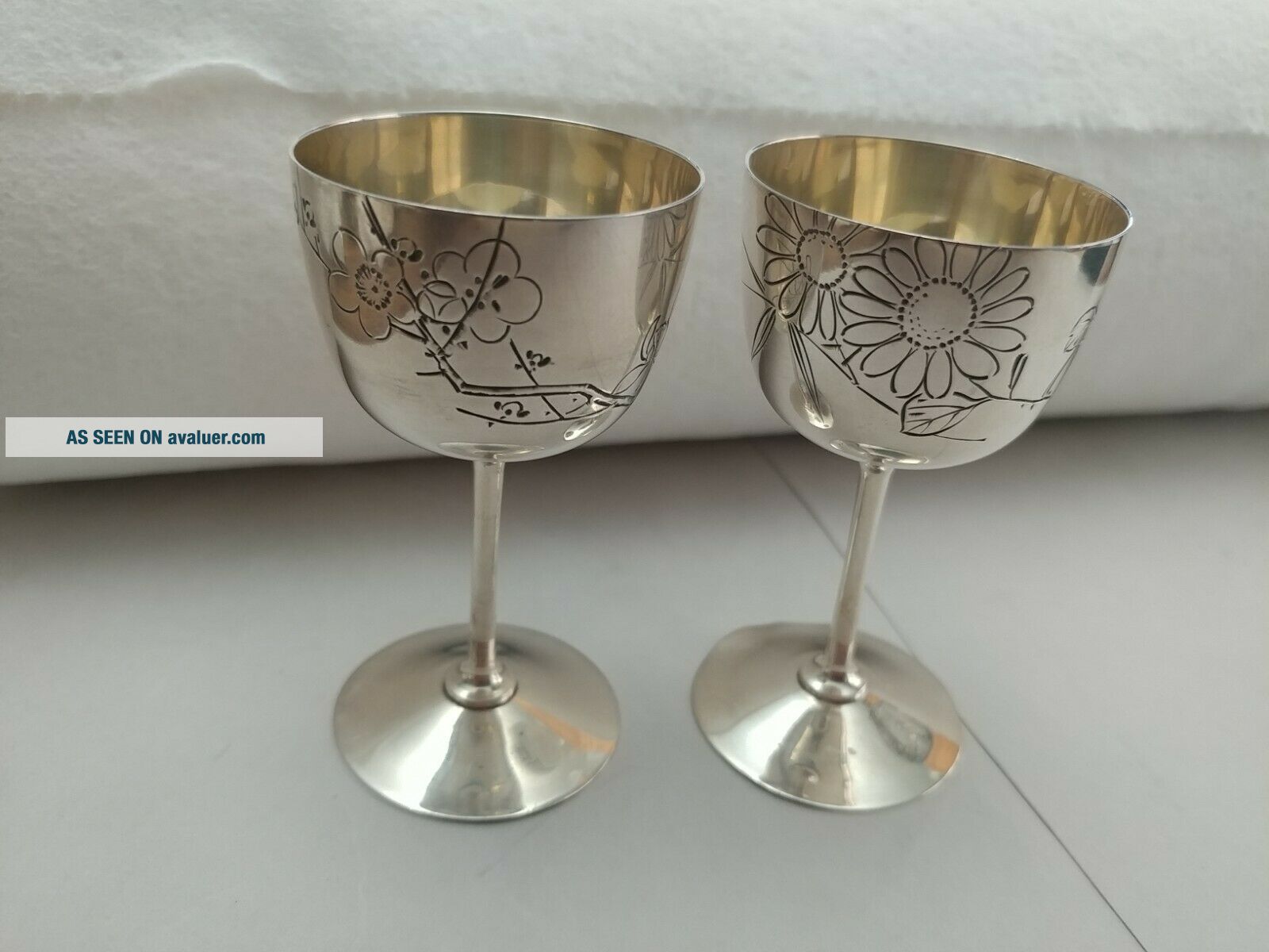 VINTAGE SET 2 JAPANESE SOLID SILVER SAKE GOBLETS WW2? NAVY? BOTH SIGNED ...