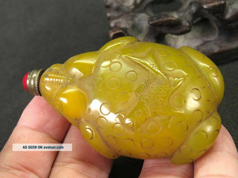 Chinese Carp Frog Carved Yellow Peking Glass Snuff Bottle | #444687