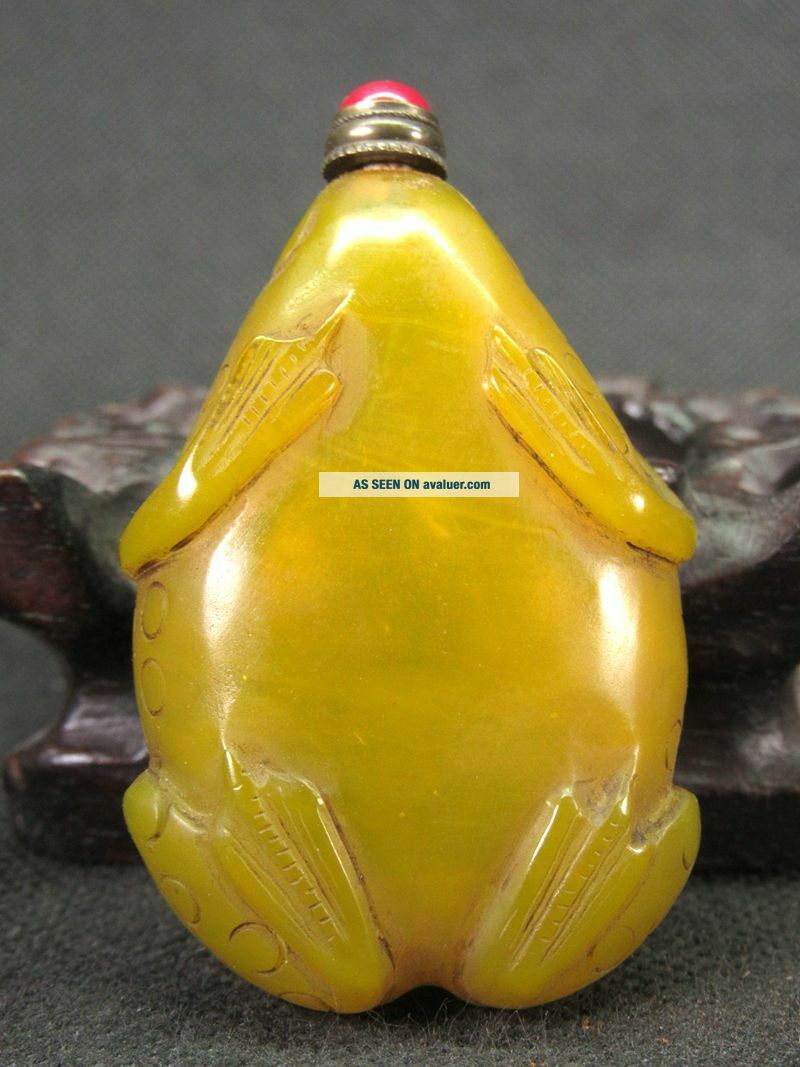 Chinese Carp Frog Carved Yellow Peking Glass Snuff Bottle | #444687