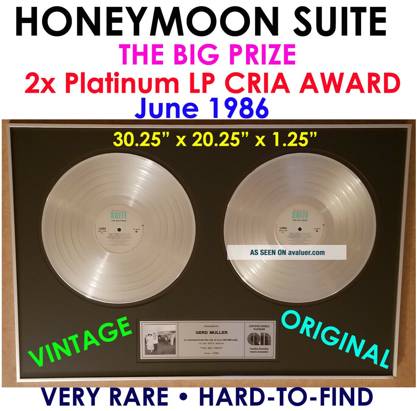 HONEYMOON SUITE The Big Prize VINTAGE CRIA 2x Platinum LP Award 1986 ...