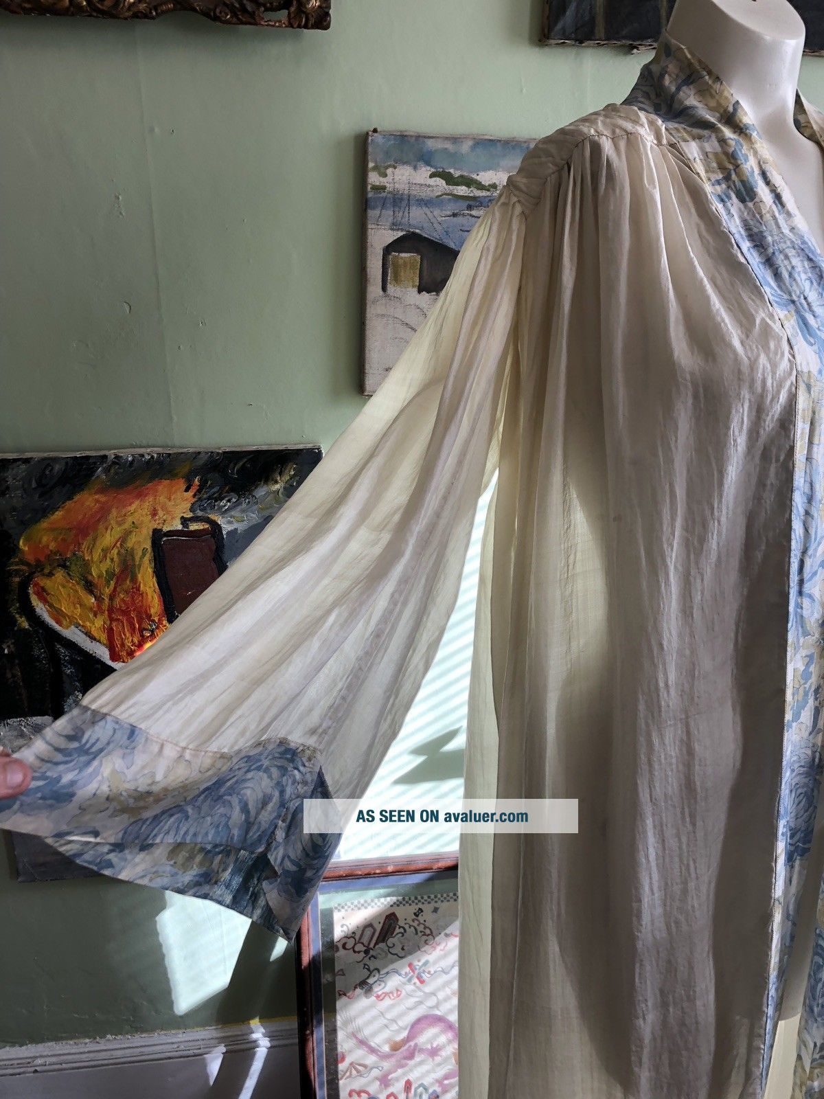 Vintage 1920s Tissue Silk Angel Robe Wide Sleeve Printed Border ...