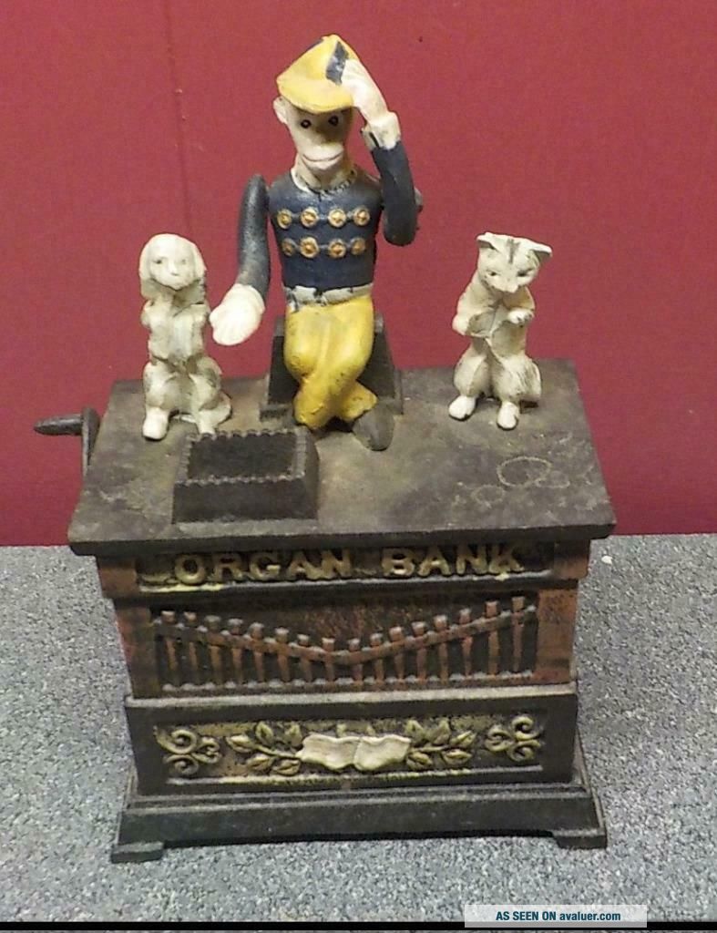 Cast Iron Organ Mechanical Bank Monkey With Cat & Dog COIN BANK VINTAGE ...
