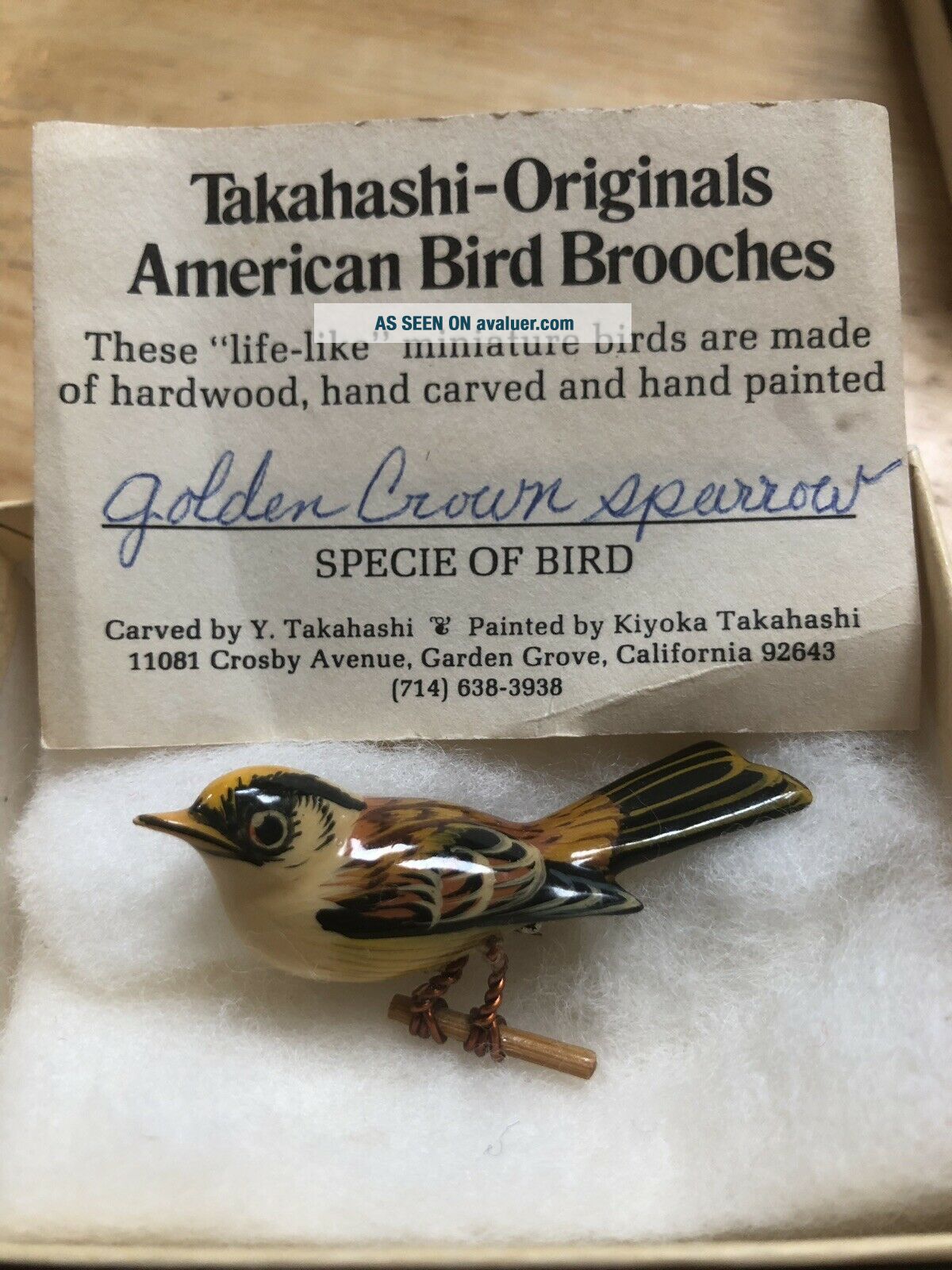 Vintage Takahashi Painted Wood Bird On Tree Branch Pin Golden Crown ...