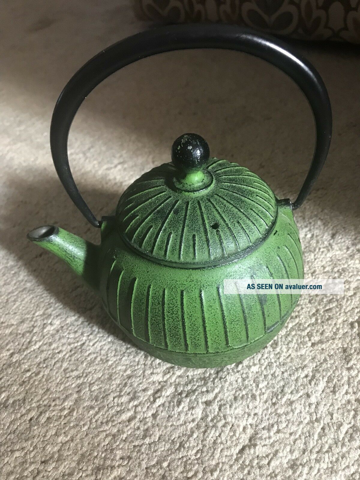 Wonderful Vintage Green Cast Iron Tea Pot With Insert Basket | #681975