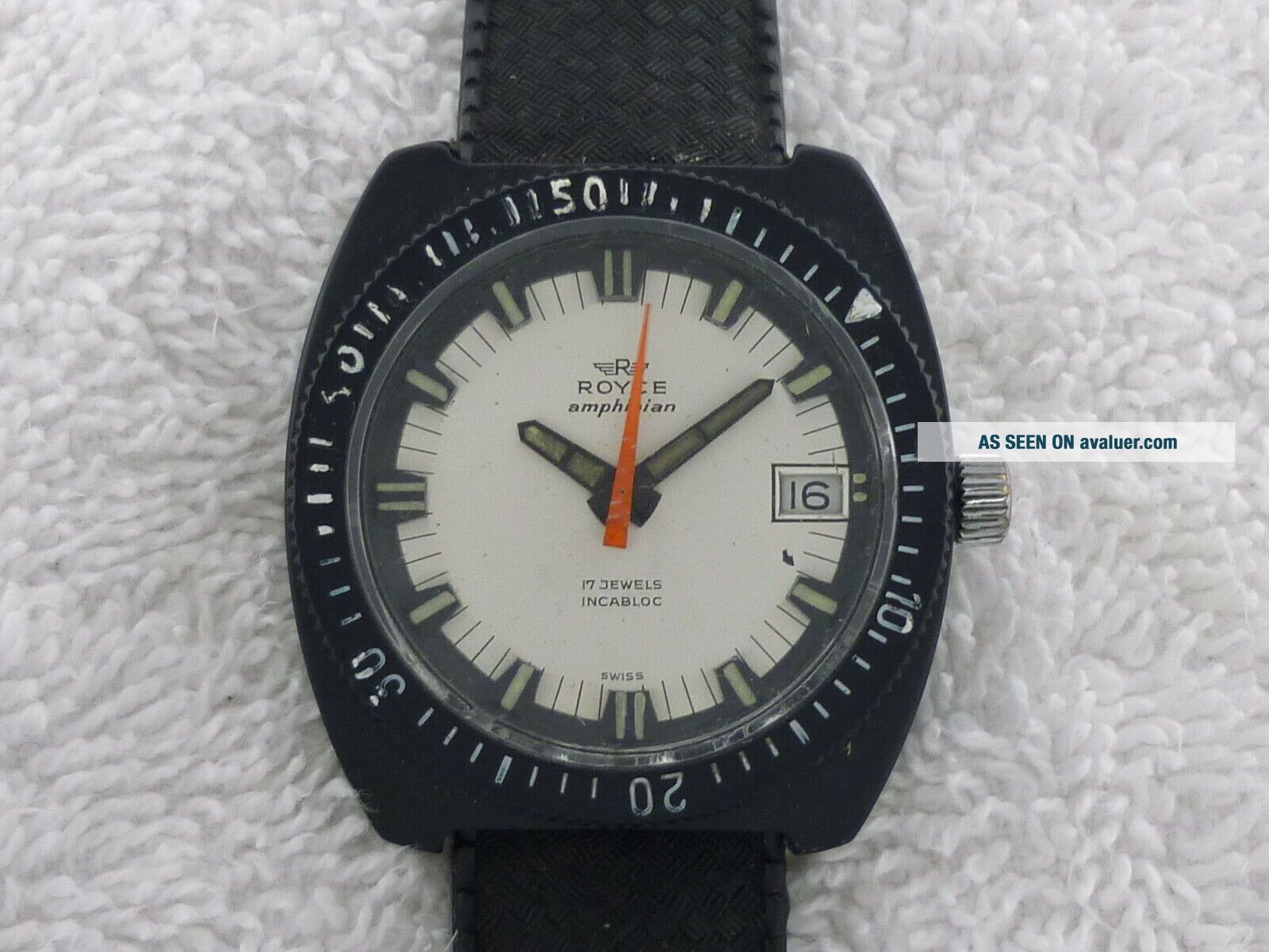 Rare Vintage Royce Amphibian 5ATM Diver Bezel 17 Jewels Date Swiss Made ...