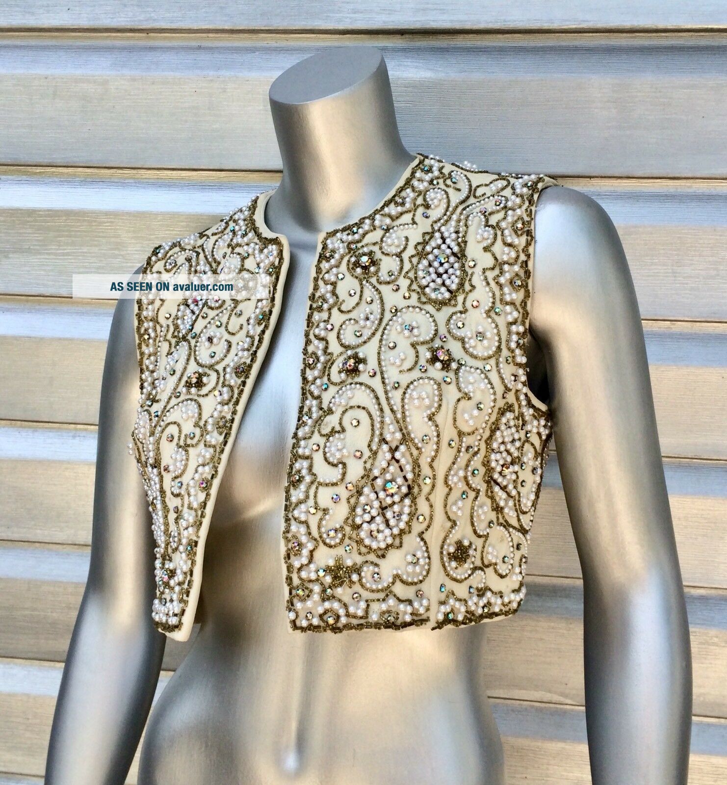 MAAS BROTHERS Vintage Beaded Pearl Borealis Crystal Runway Bolero Vest ...