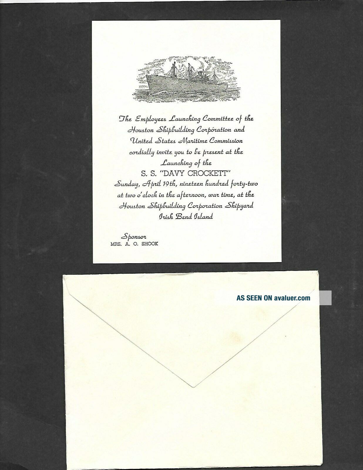 WWII S S DAVY CROCKETT LIBERTY SHIP COMMISSIONING CEREMONY INVITE 4 ...