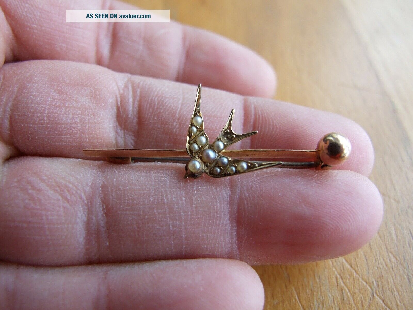 Antique Victorian Natural Seed Pearl Gold Swallow Brooch Boxed | #742415