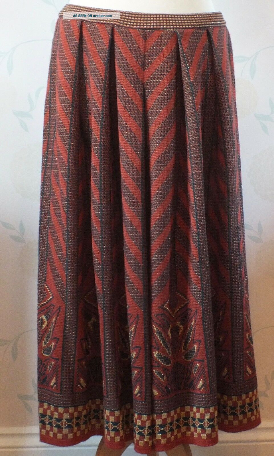 BILL GIBB VINTAGE KNITTED SKIRT UK Size16 Rusty Reds/Greys/Black/Gold ...