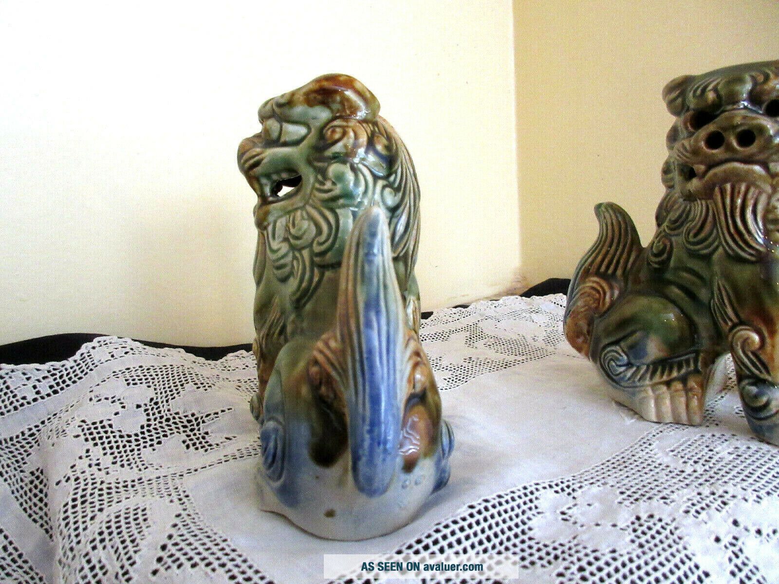 Vintage Pair Chinese Ceramic Lion Foo Dogs Green/Blue Unmarked 5 - 3/4 ...