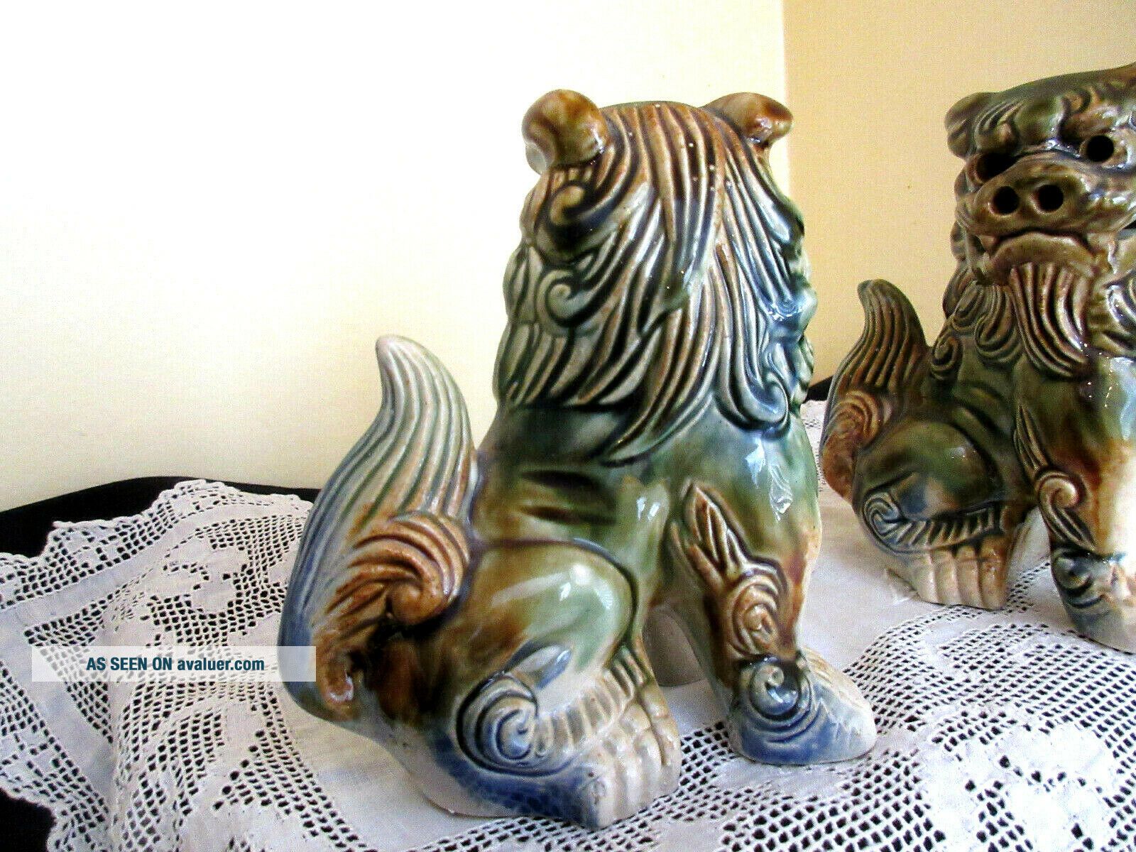 Vintage Pair Chinese Ceramic Lion Foo Dogs Green/Blue Unmarked 5 - 3/4 ...