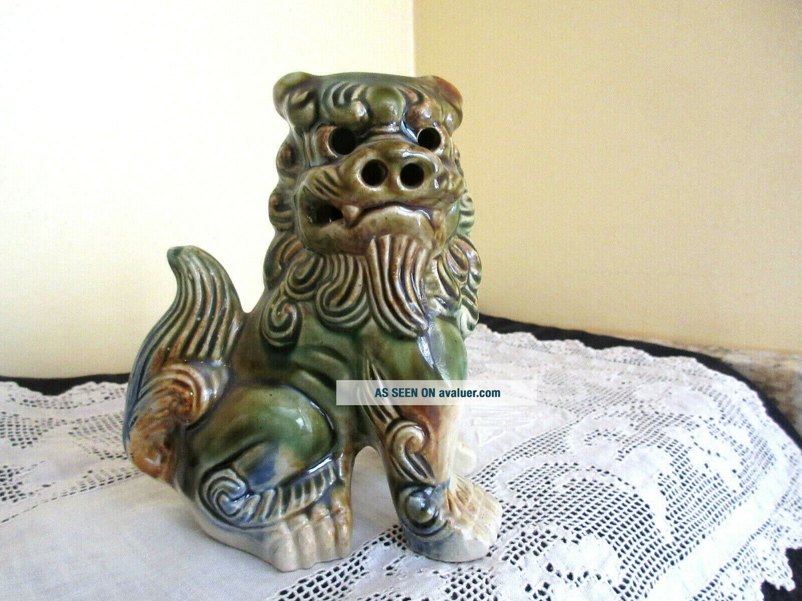 Vintage Pair Chinese Ceramic Lion Foo Dogs Green/Blue Unmarked 5 - 3/4 ...