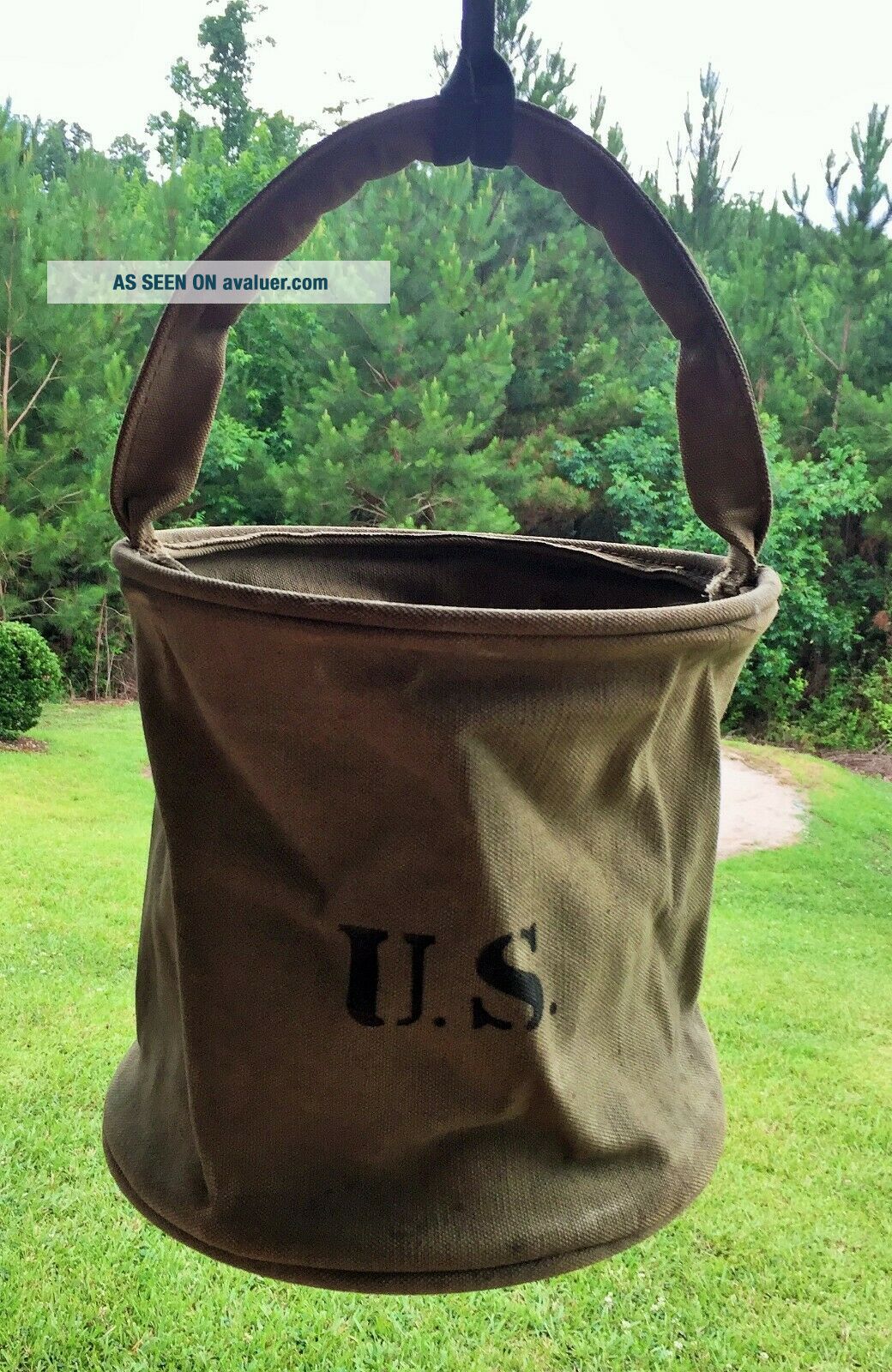 WWII US ARMY MILITARY CANVAS COLLAPSIBLE WATER PAIL BUCKET HETTRICK MFG ...