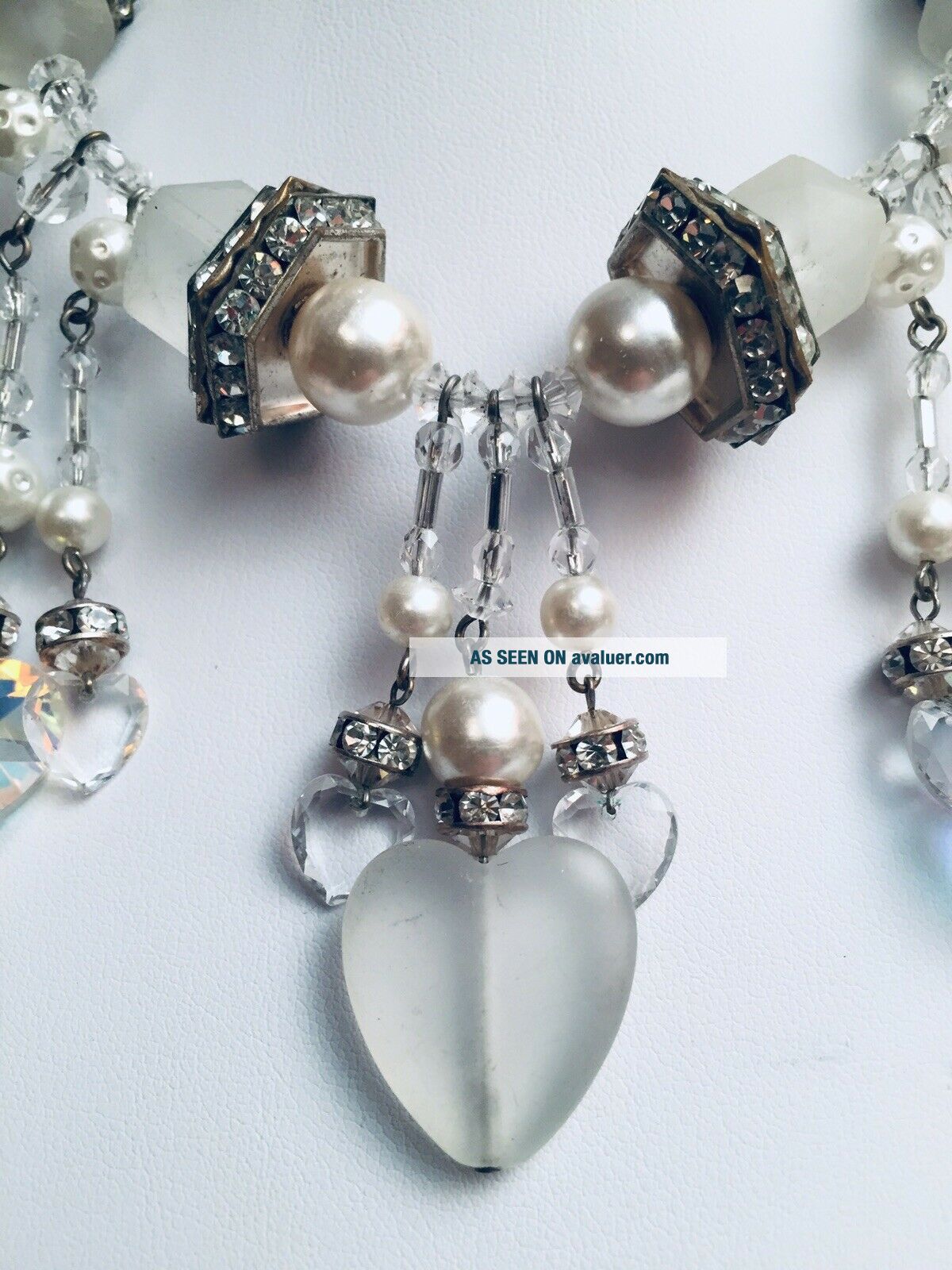 Vintage Sterling Silver Camphor Glass Hearts Rhinestone Necklace And ...