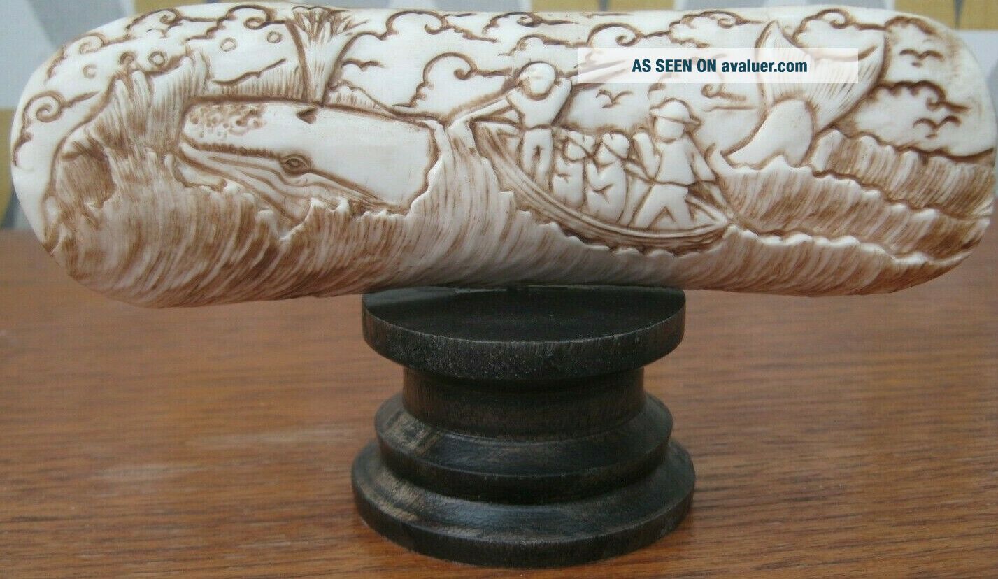 Unusual Hand Carved Scrimshaw Statue Of Whale Hunting Scene In Buffalo ...