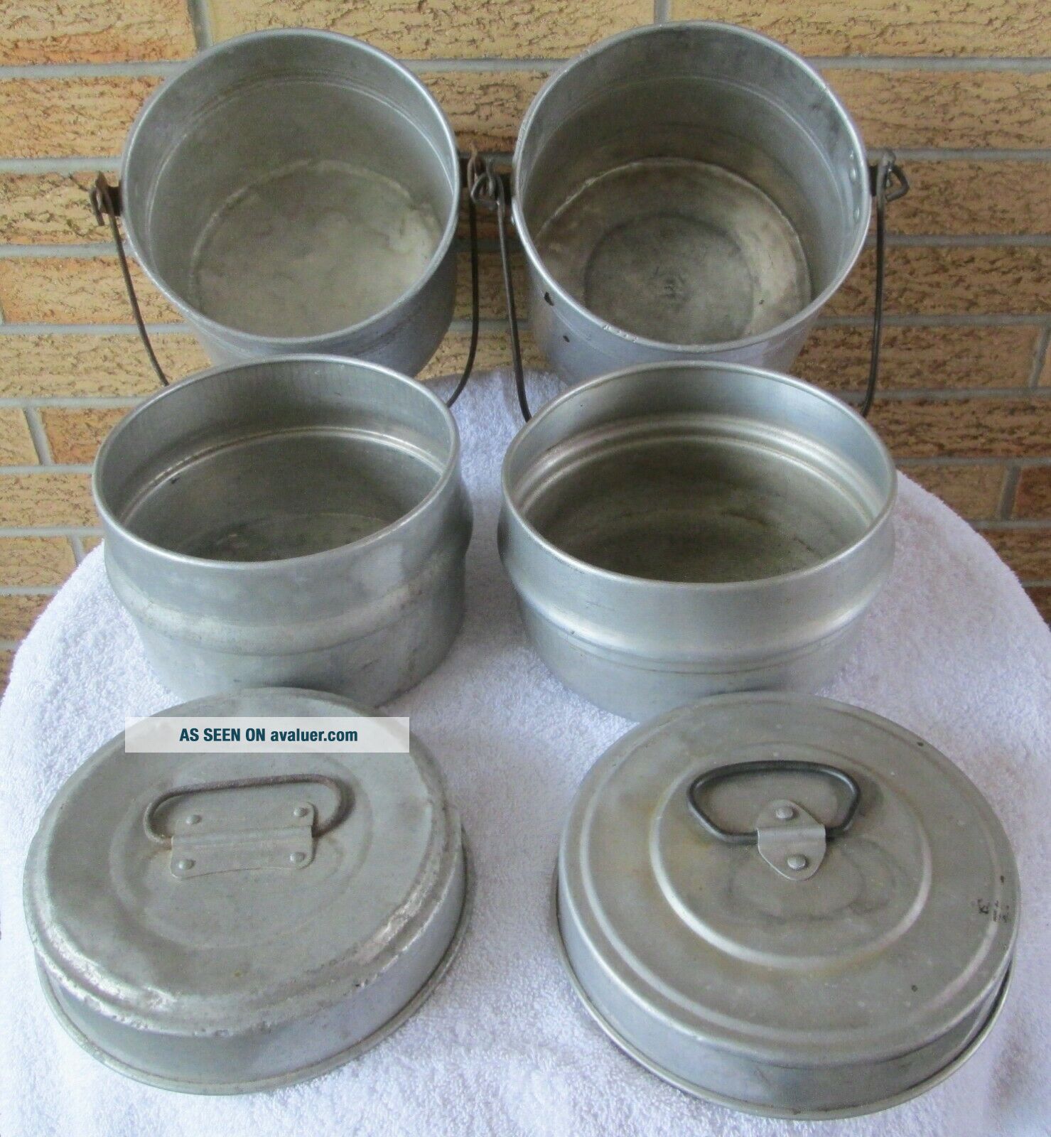 Vintage 3 Piece Coal Miners Aluminum Lunch Bucket Pails (TWO) With Wood ...
