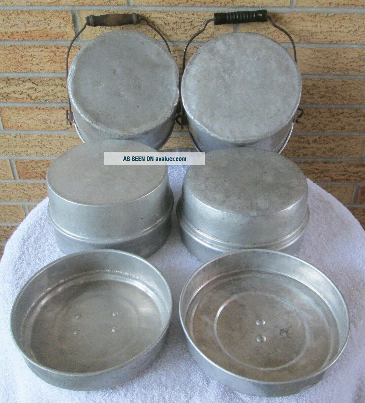 Vintage 3 Piece Coal Miners Aluminum Lunch Bucket Pails (TWO) With Wood ...