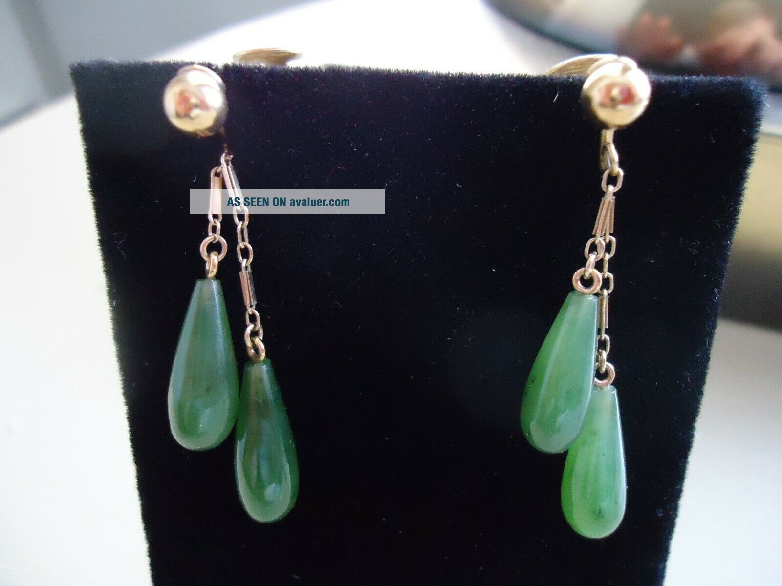 14K Yellow Gold Vintage Jade Jadeite Double Tear Drops Dangle Clip On ...