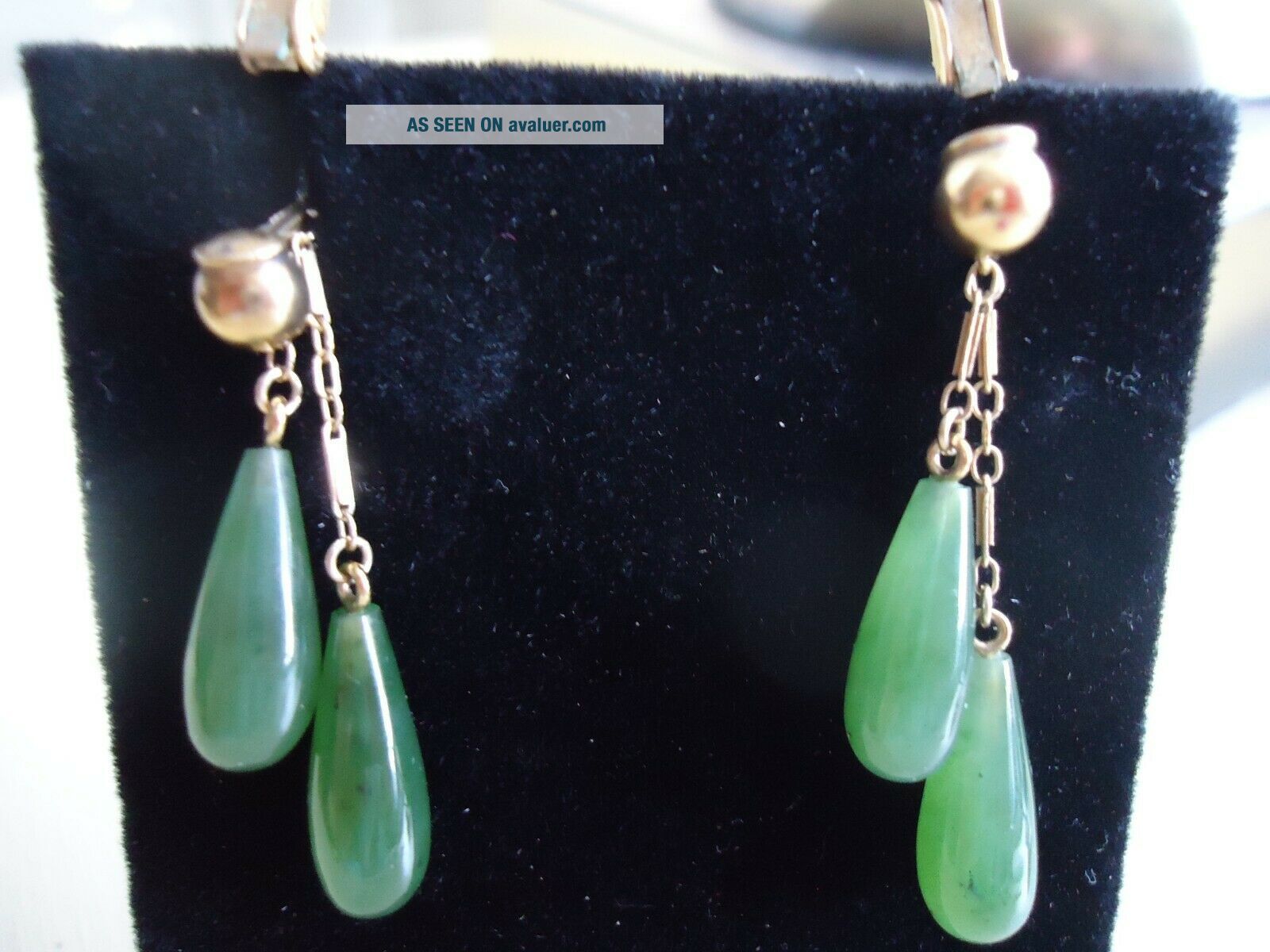 14K Yellow Gold Vintage Jade Jadeite Double Tear Drops Dangle Clip On ...