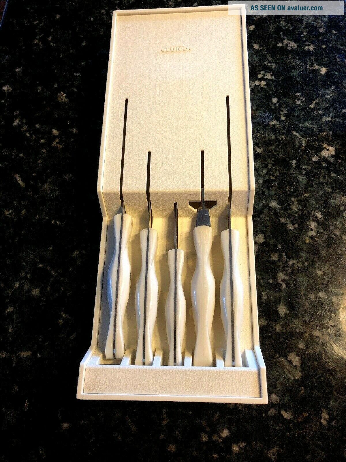 CUTCO Vintage 5 Piece Pearl Handle Fork FOUR KNIFES WALL STORAGE BOX ...