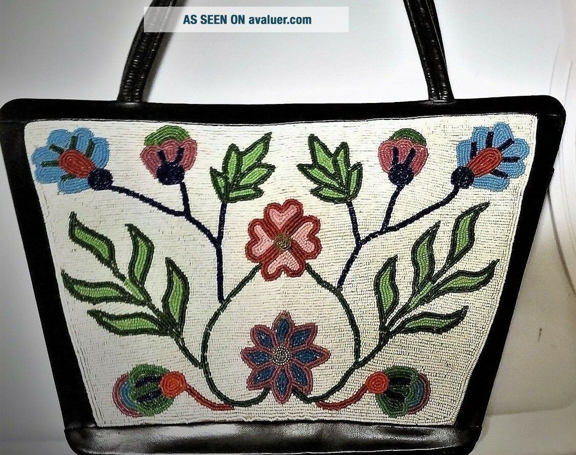 Vtg 30s Native American Cree Bead Work On Large Handmade Black Leather ...