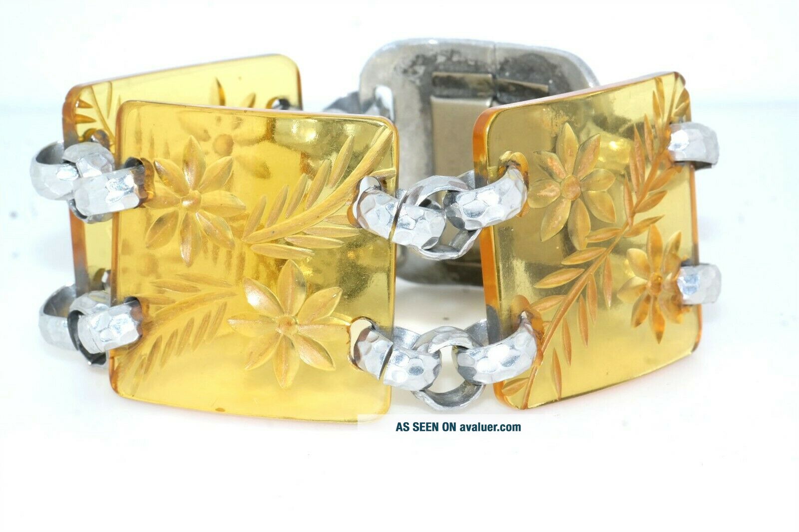 Vintage Carved Lucite Apple Juice Aluminum Panel Bracelet | #957132