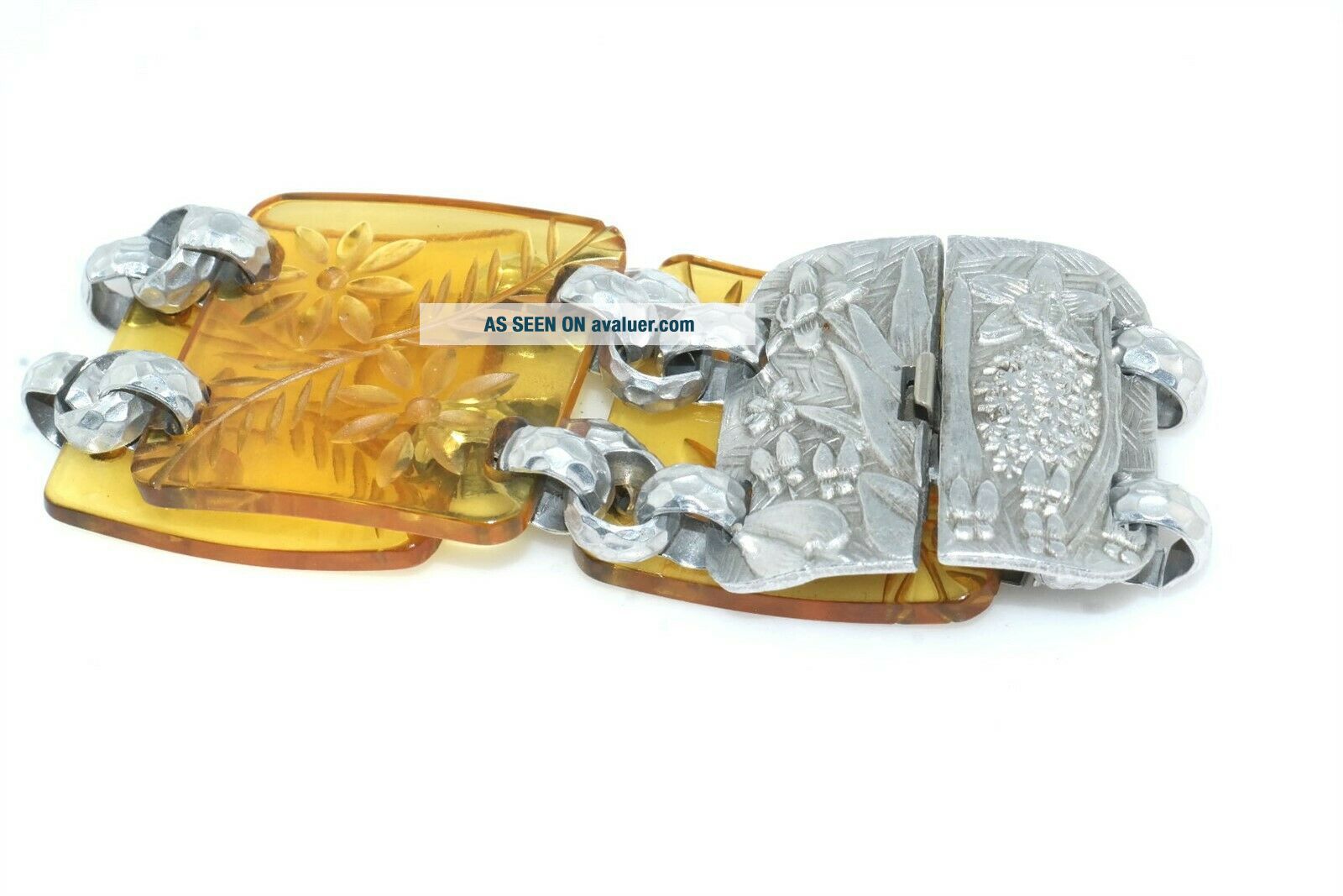 Vintage Carved Lucite Apple Juice Aluminum Panel Bracelet | #957132