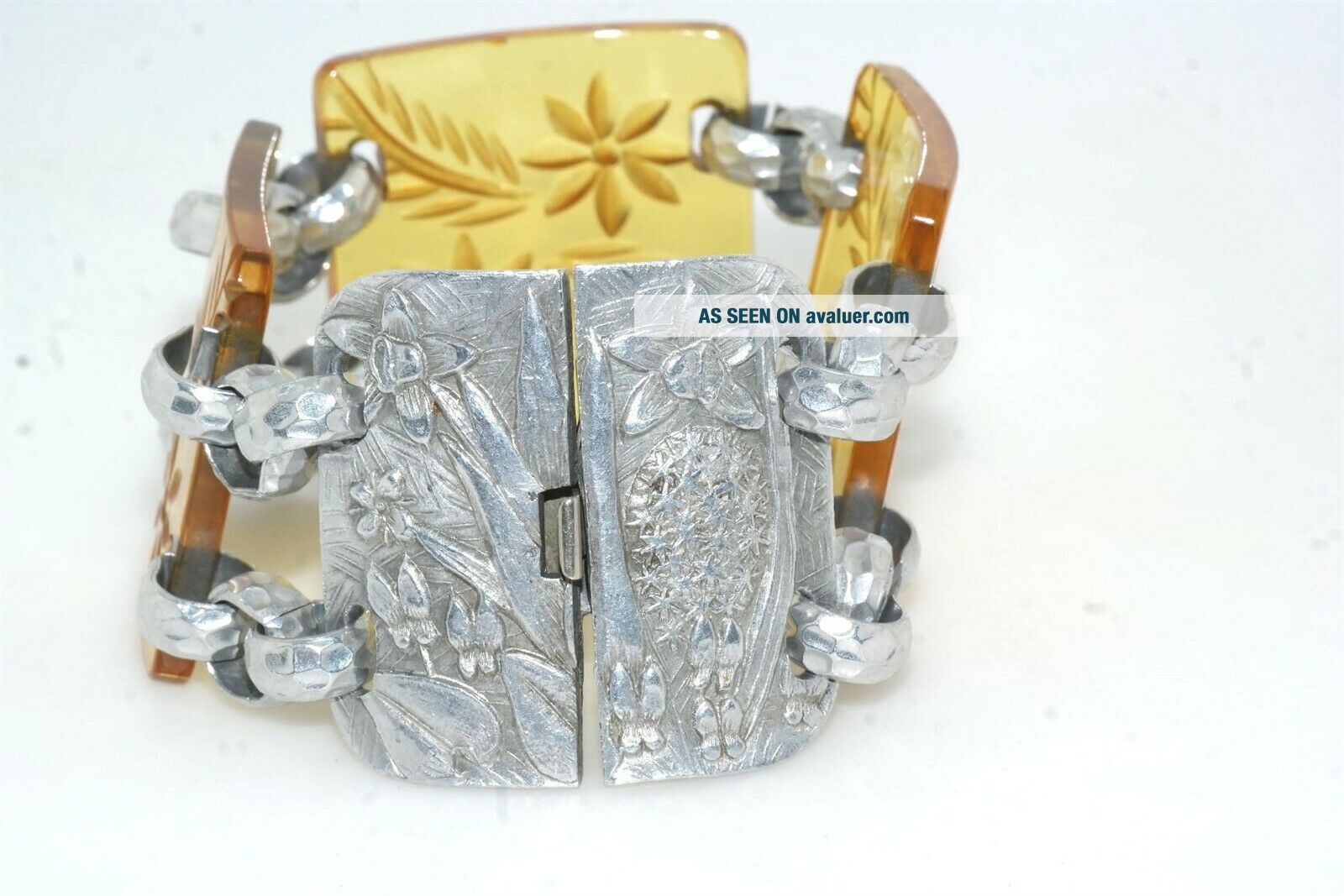 Vintage Carved Lucite Apple Juice Aluminum Panel Bracelet | #957132