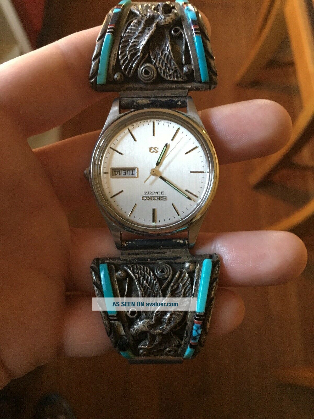 Mens Vintage Native American Turquoise Watch Zuni Inlay Seiko Sterling ...