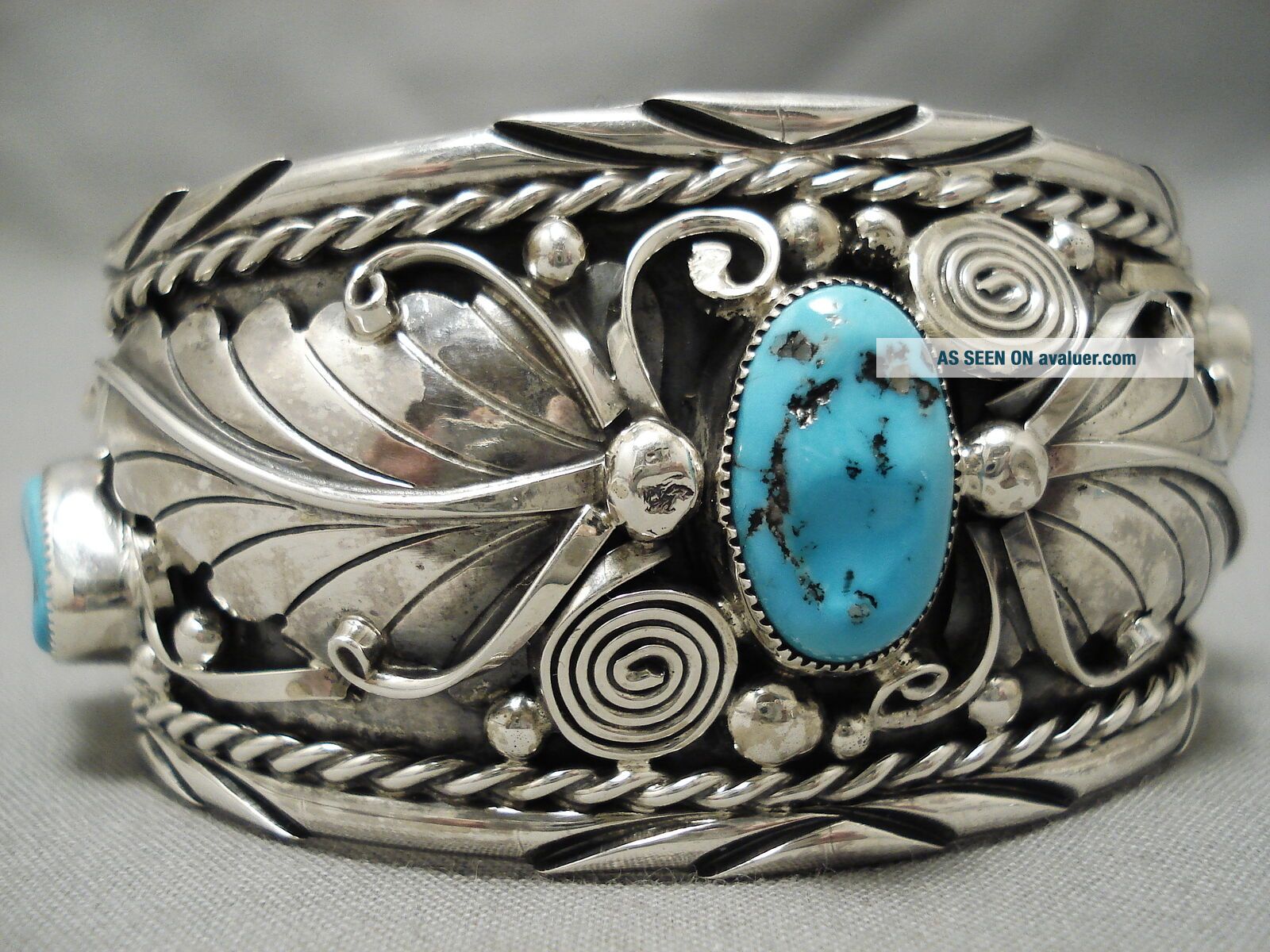 HUGE VINTAGE NAVAJO GARDEN OF LEAVES STERLING SILVER TURQUOISE BRACELET ...