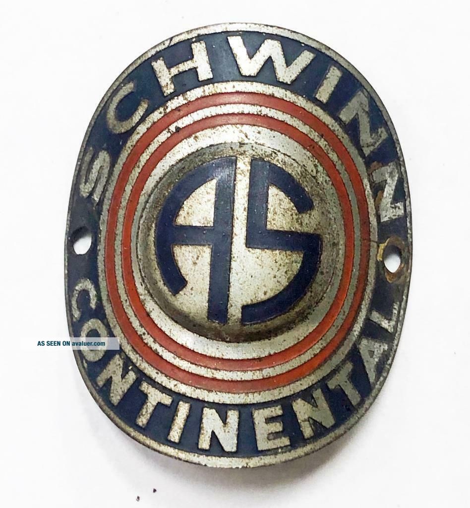 Vintage Prewar Schwinn AS CONTINENTAL Bicycle HEAD BADGE Tag Emblem ...