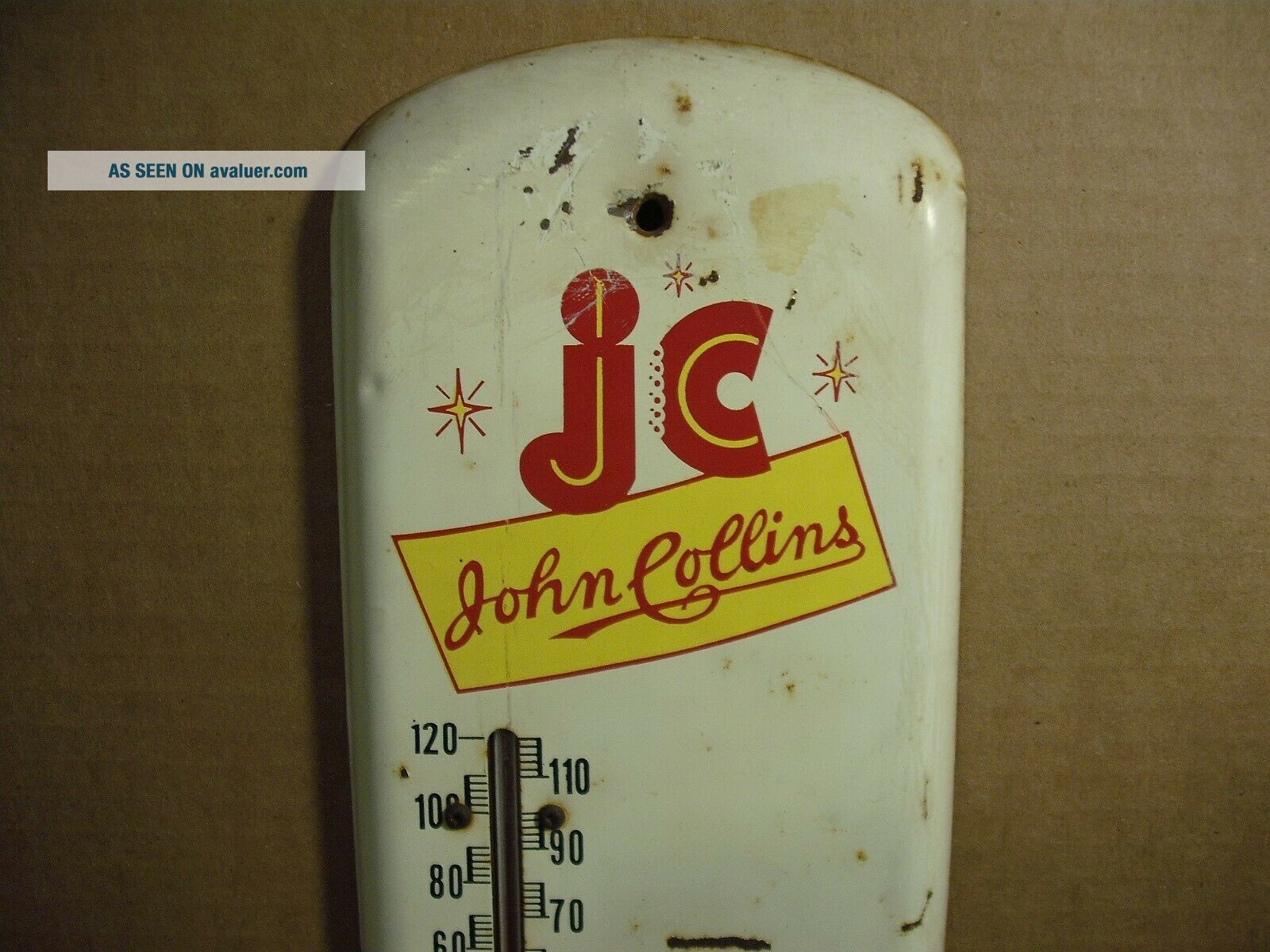 RARE VINTAGE JOHN COLLINS METAL THERMOMETER ADVERTISING SIGN | #1182710