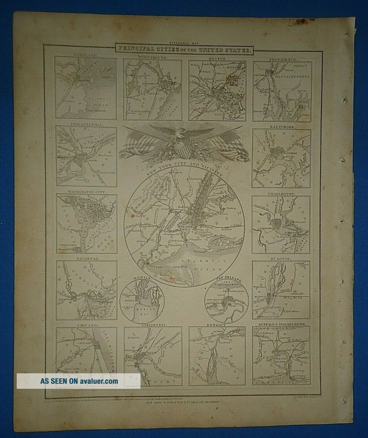 Vintage 1856 PRINCIPAL UNITED STATES CITIES MAP Old Antique Atlas Map ...
