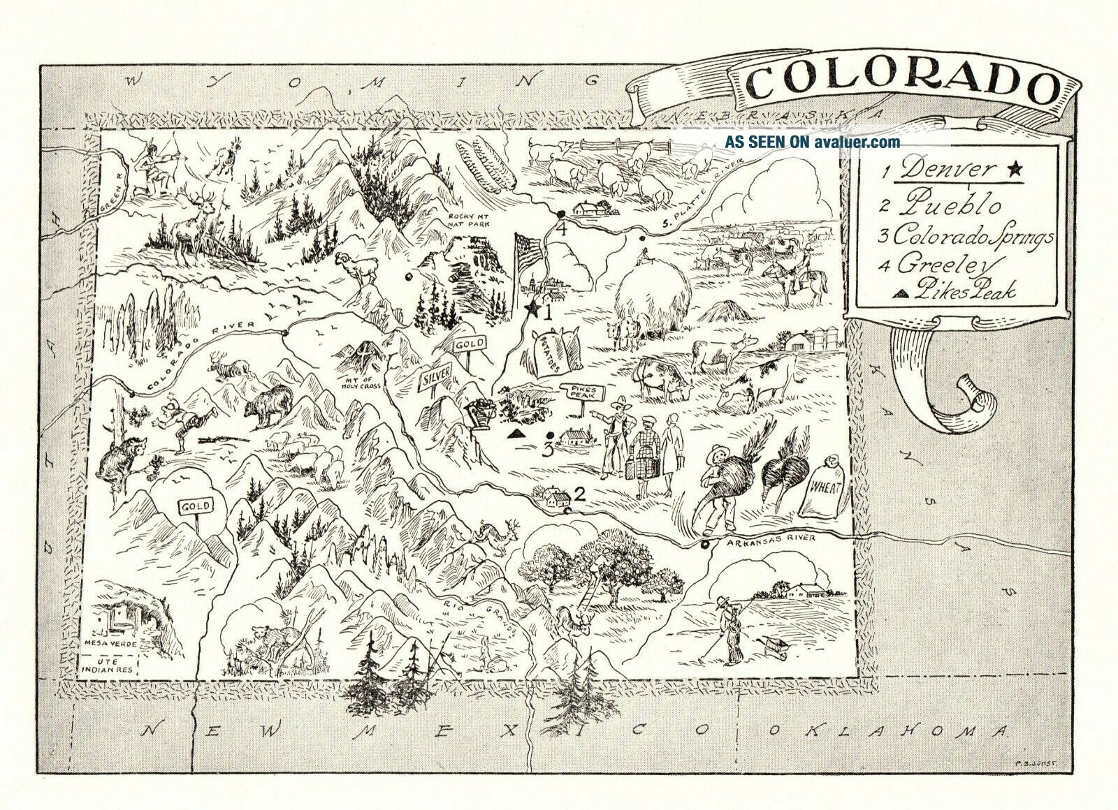 1950s Antique COLORADO State Map Animated Map Of Colorado Picture Map ...